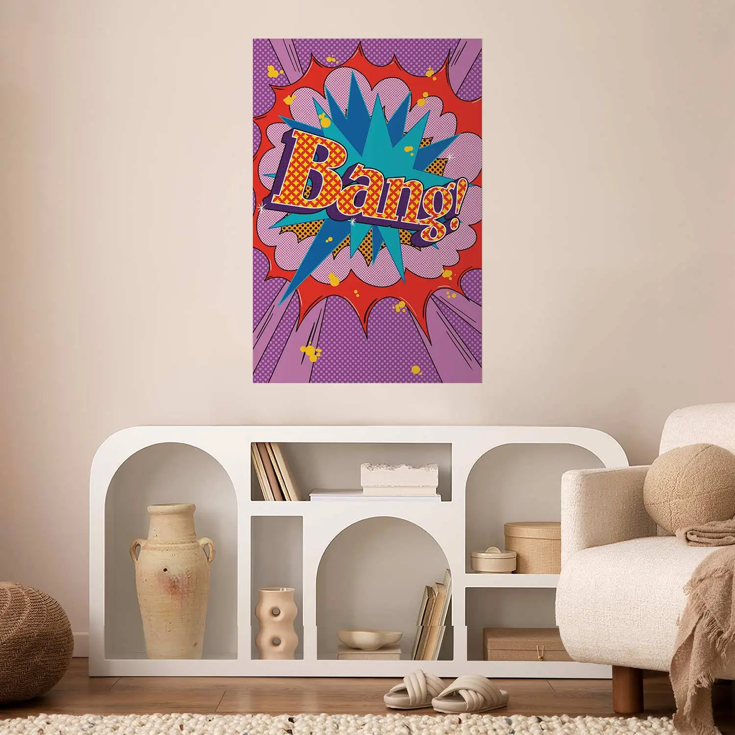 Póster ¡Bang! - letrero colorido en inglés en estilo abstracto de pop ...