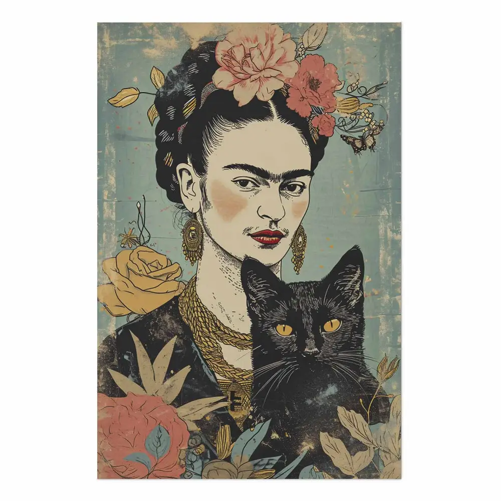 Póster Frida con gato - retrato de la pintora inspirado en el estilo ...