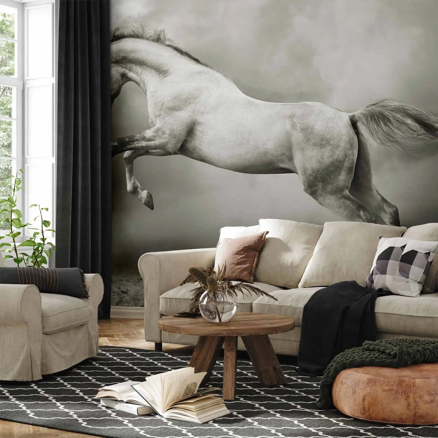 Caballos Saltando Pintados En Blanco Y Negro Fondo Ilustración En