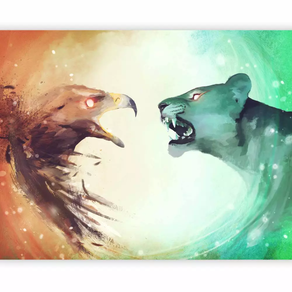 Fotomural Duelo animal - abstracción de águila amenazante y leona azul ...